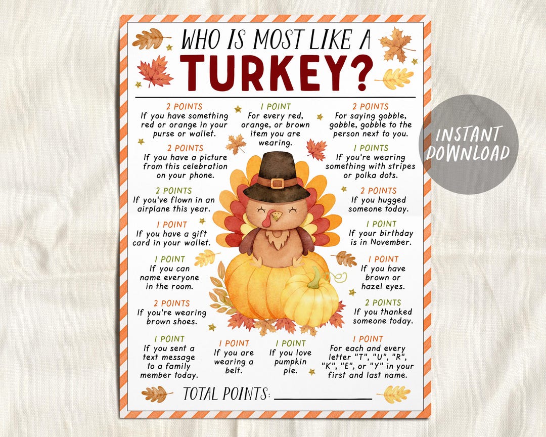 Thanksgiving Game Who is Most Like the Turkey Printable, Fall ...
