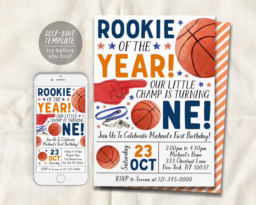 Basketball First Birthday Invitation Editable Template, Rookie of the ...