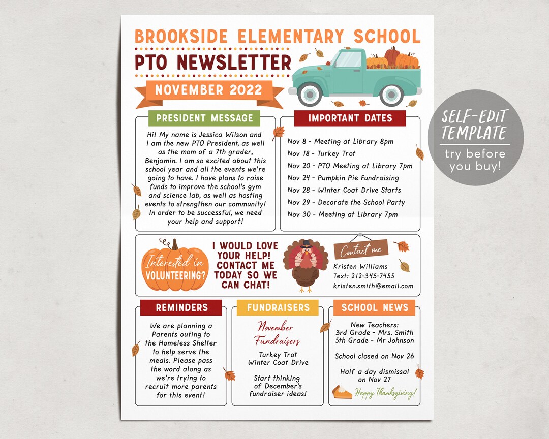 November PTO PTA Newsletter Flyer Editable Template Back to - Etsy