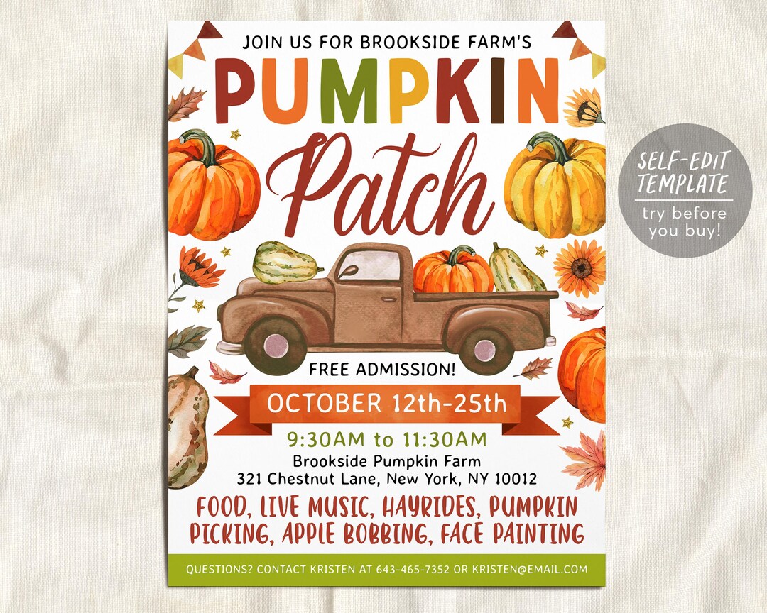 Pumpkin Patch Flyer Editable Template, Fall Harvest Festival Invitation ...