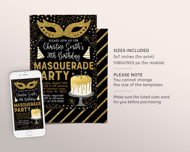 Masquerade Birthday Invitation Editable Template 30th - Etsy