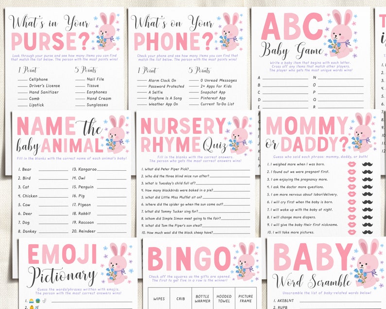 Bunny Baby Shower Games Bundle Editable Template, Easter Spring Baby 12 ...