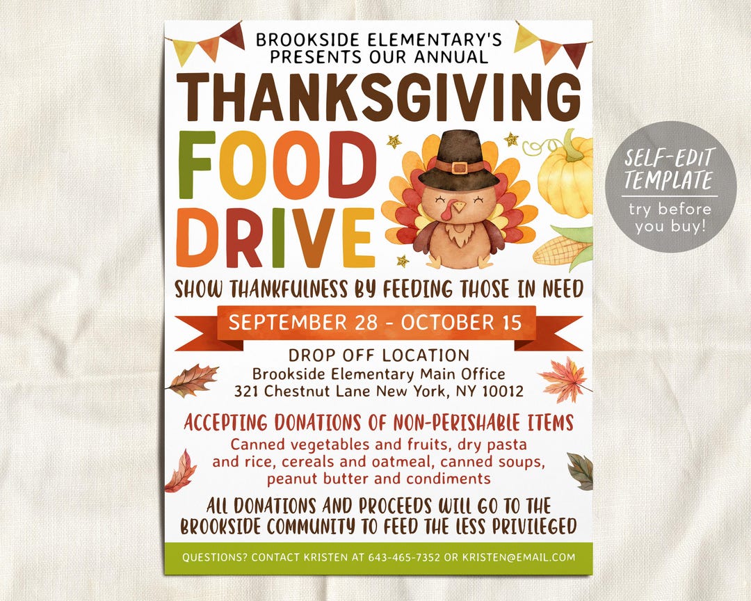 Thanksgiving Food Drive Flyer Editable Template, Fall Holiday Donation ...