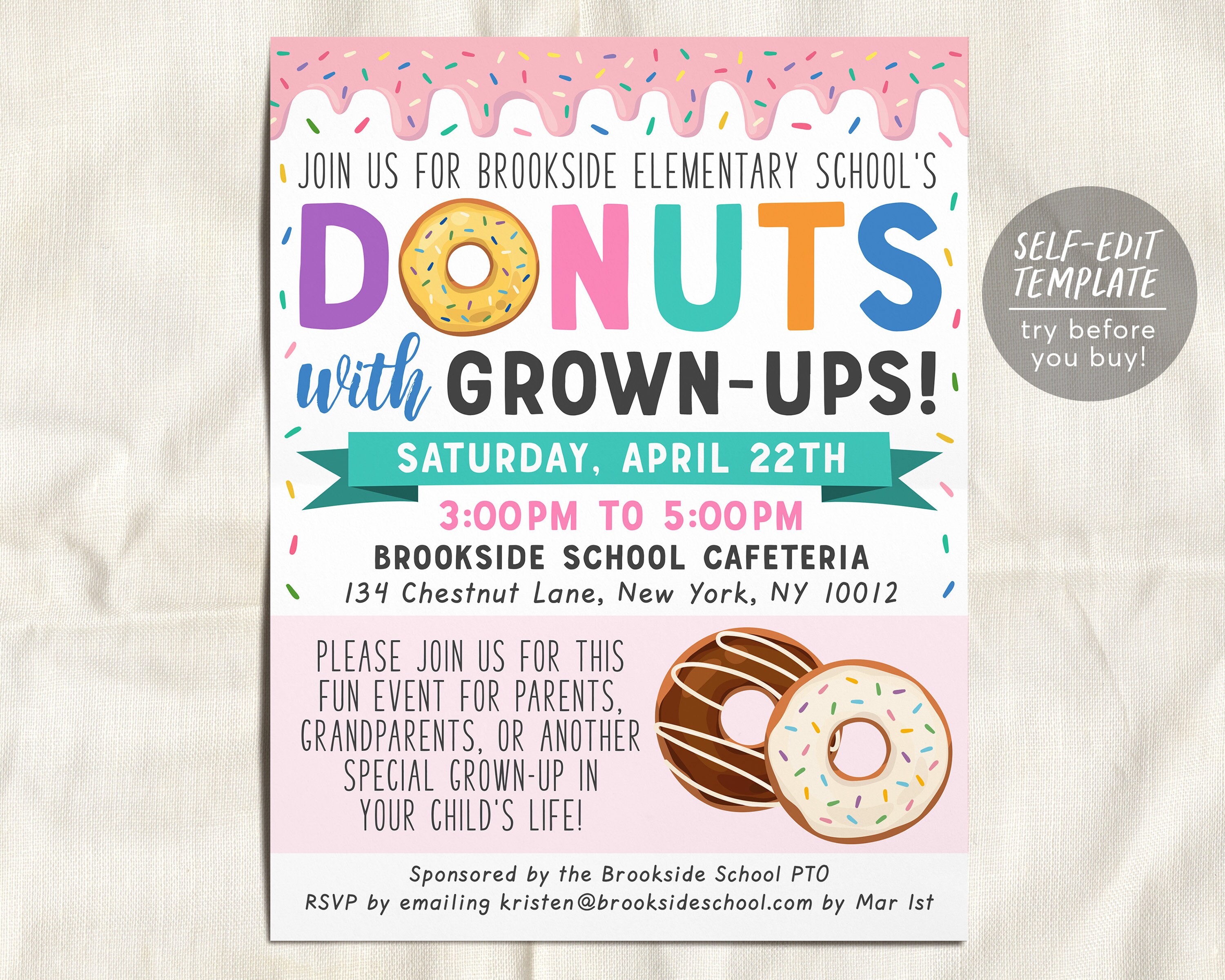 Donuts With Grownups Flyer Editable Template, School Event PTO PTA ...