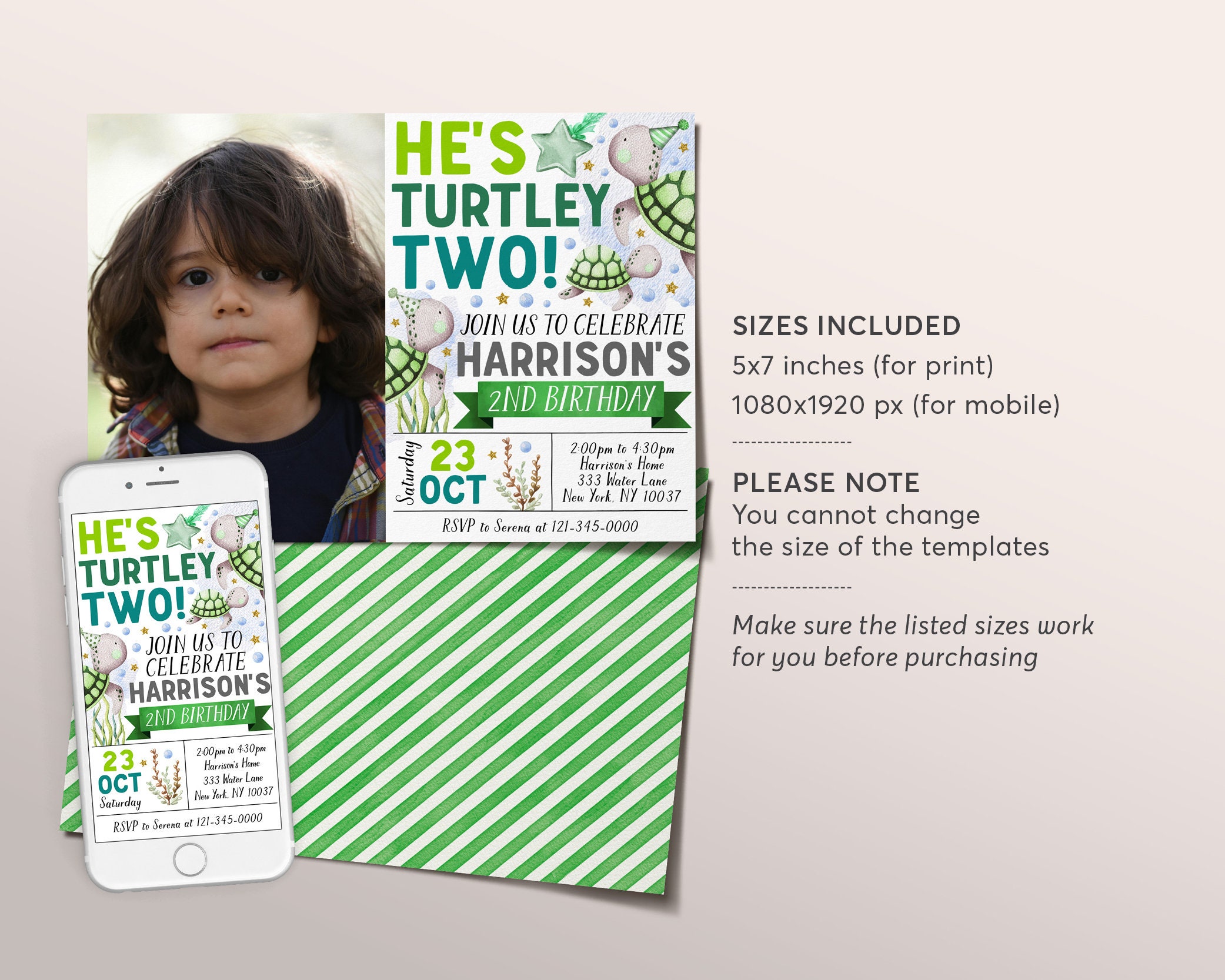 Turtle Second Birthday Invitation With Photo Editable Template, He's ...