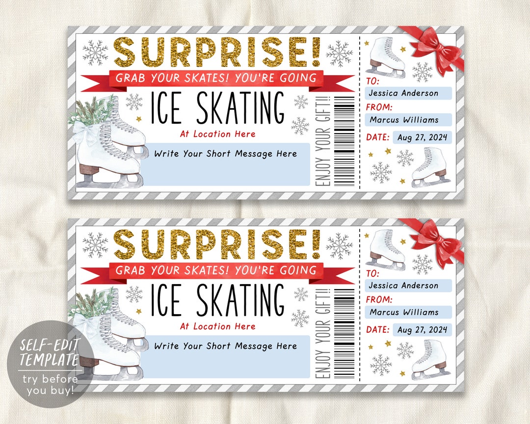 Ice Skating Gift Voucher Editable Template, Surprise Skating Lessons ...