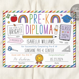 Pre-k Graduation Diploma Editable Template, Preschool Kindergarten ...