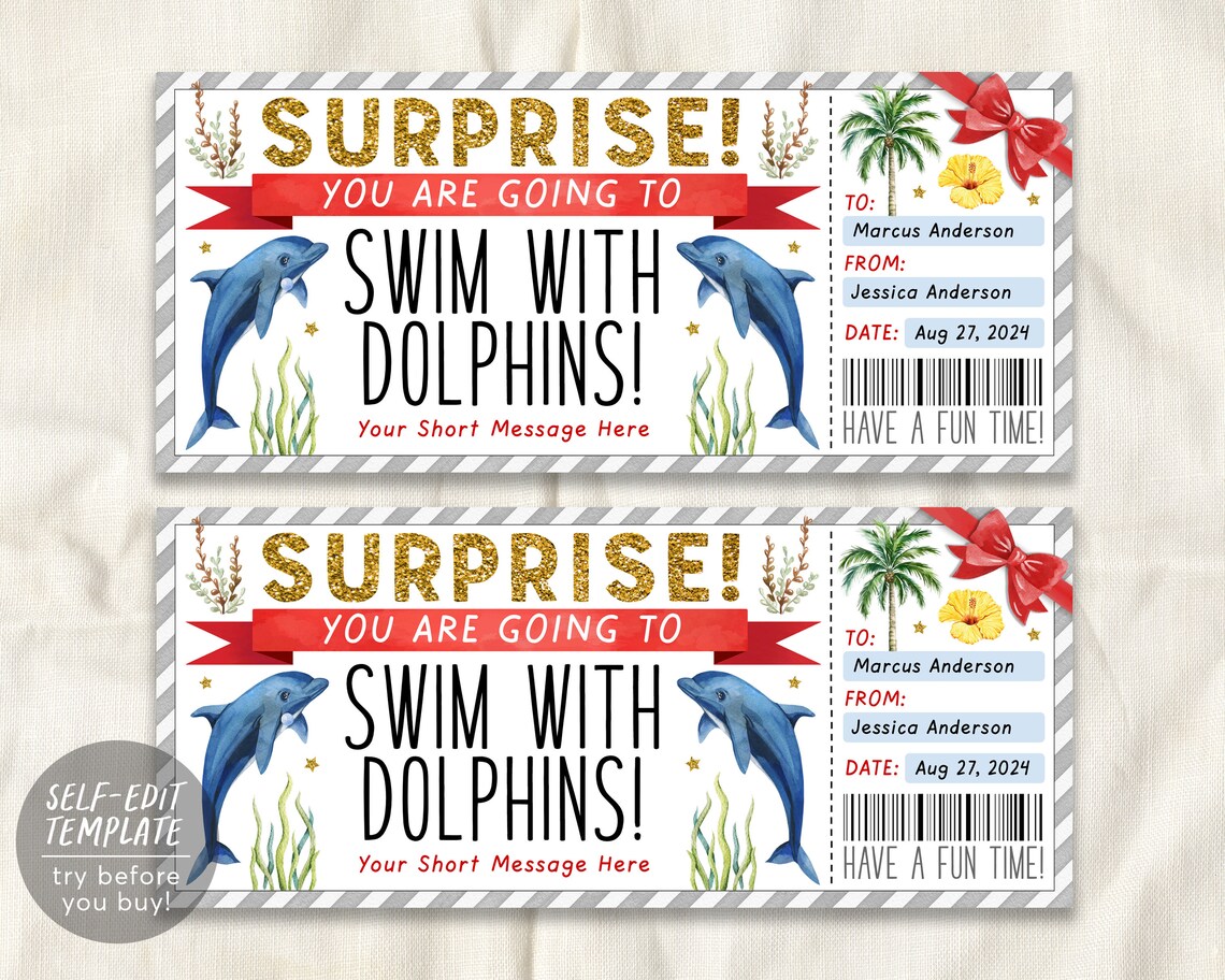 Swim With Dolphins Ticket Editable Template, Surprise Dolphin Watching ...