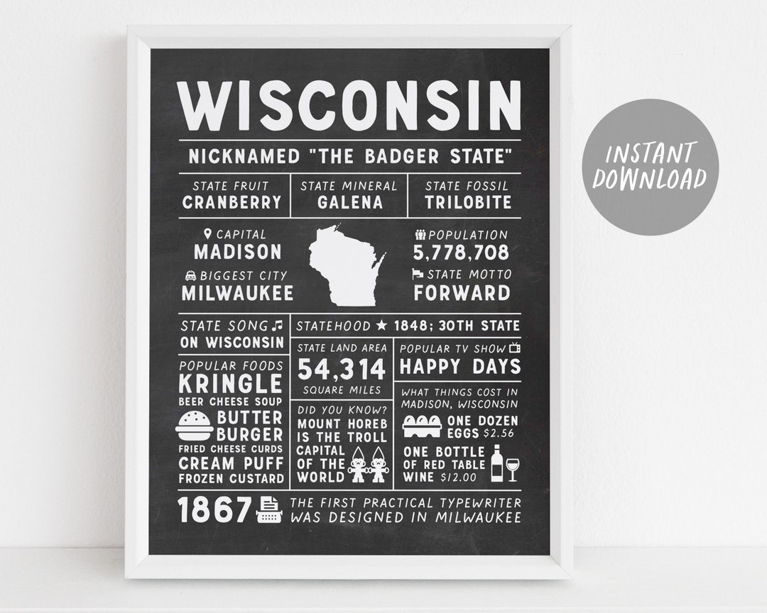Wisconsin State Wall Art Sign Poster Infographic, Chalkboard Wisconsin ...