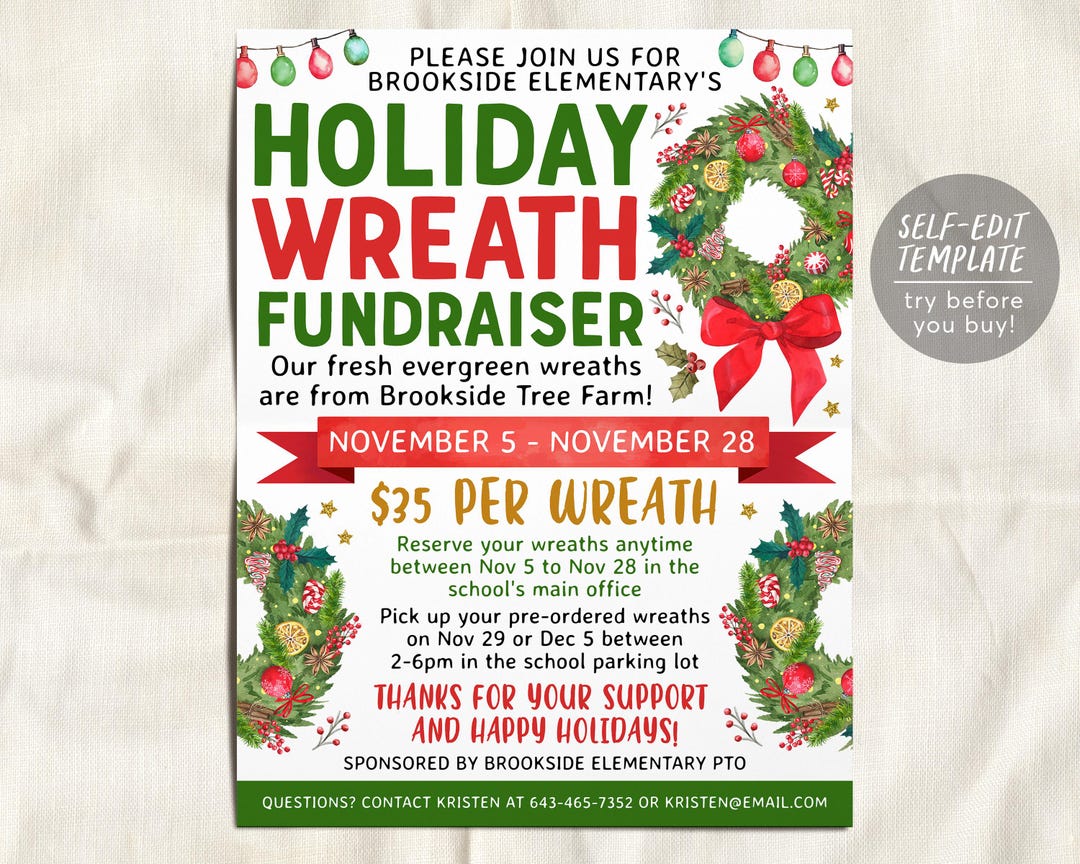 Holiday Wreath Flyer Editable Template, Christmas Wreath Fundraiser ...