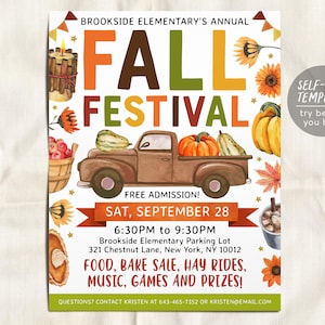 Fall Festival Flyer Editable Template, Fall Harvest Invitation, Autumn ...