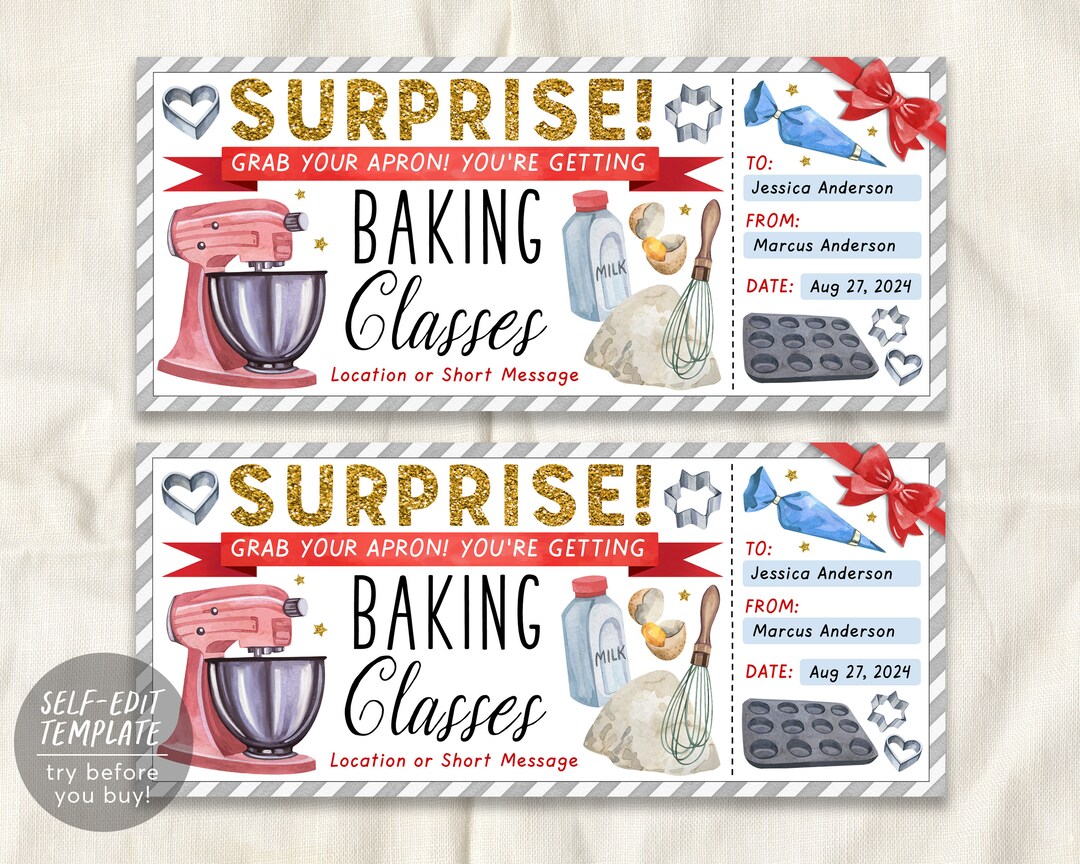 Baking Classes Gift Certificate Ticket Editable Template, Surprise Cake ...