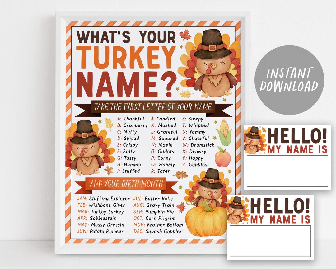 What's Your Turkey Name Game, Thanksgiving Dinner Game Activity With ...