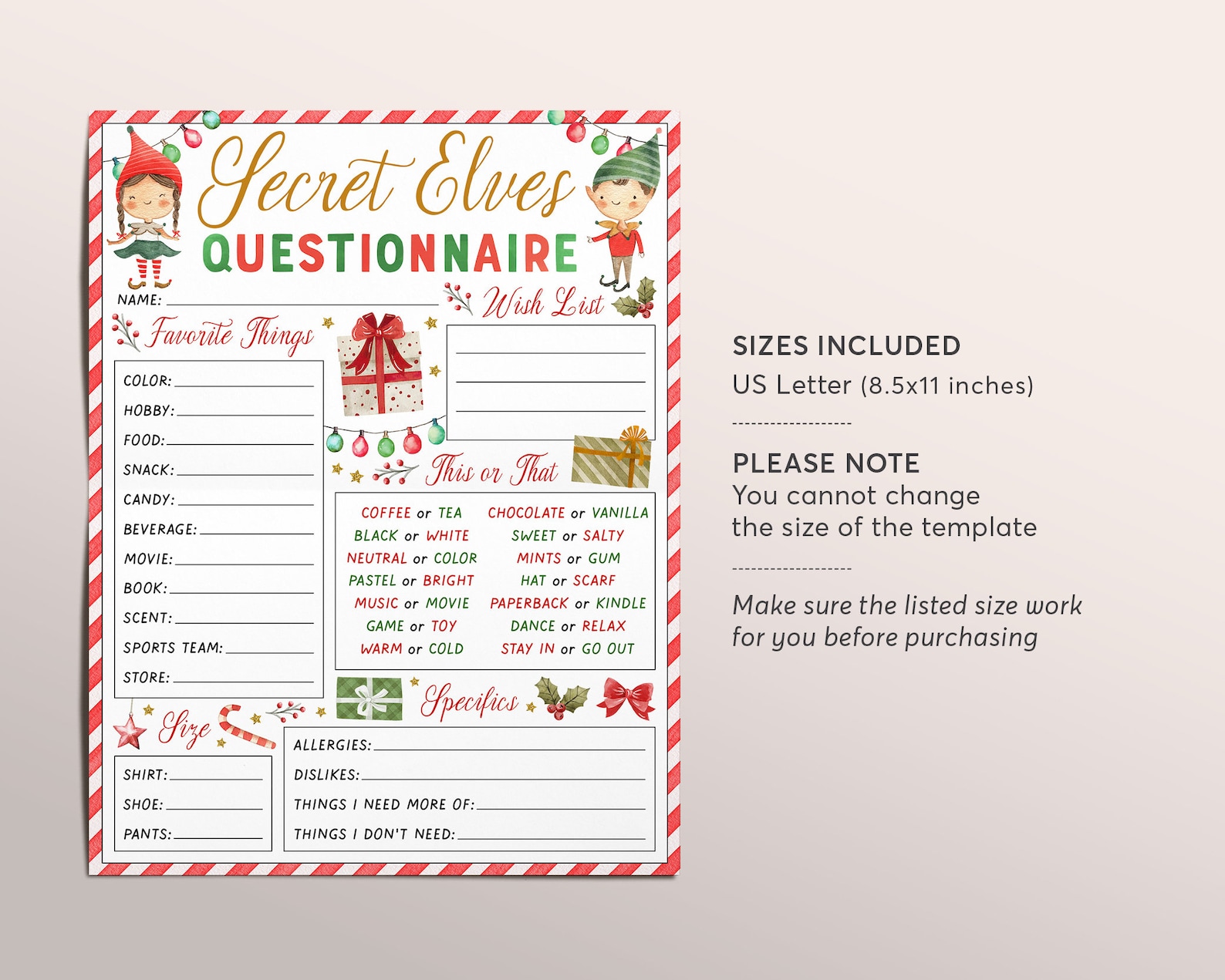 Secret Elves Gift Exchange Questionnaire Editable Template, Secret Elf ...