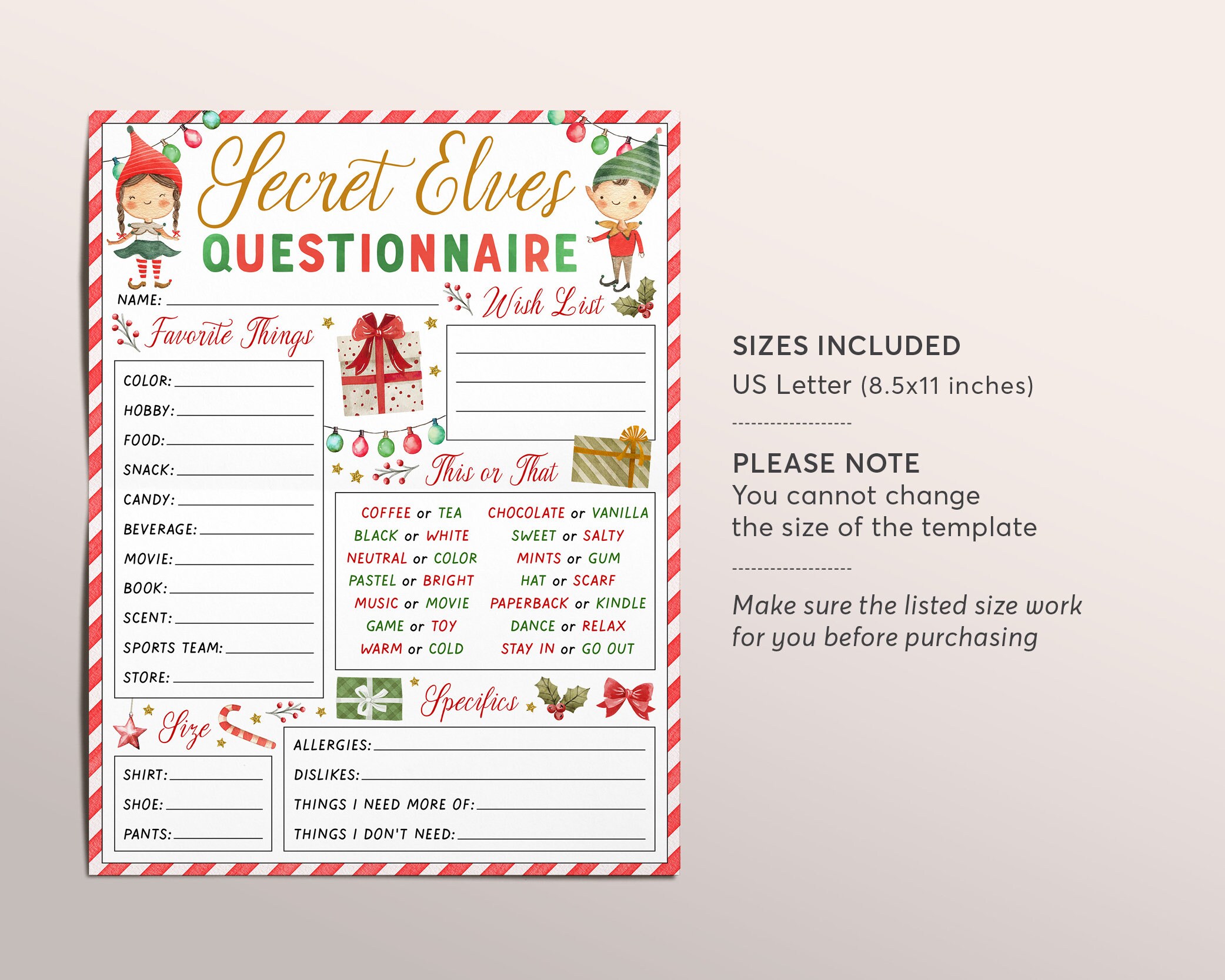 Secret Elves Gift Exchange Questionnaire Editable Template, Secret Elf ...