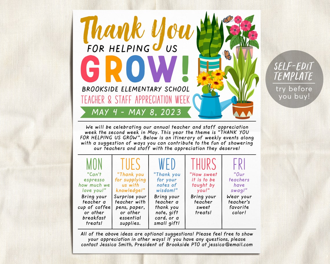 Floral Bloom Theme Parent Letter Teacher Staff Appreciation Week ...