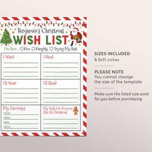 Christmas Wish List for Kids Editable Template, Personalized Holiday ...