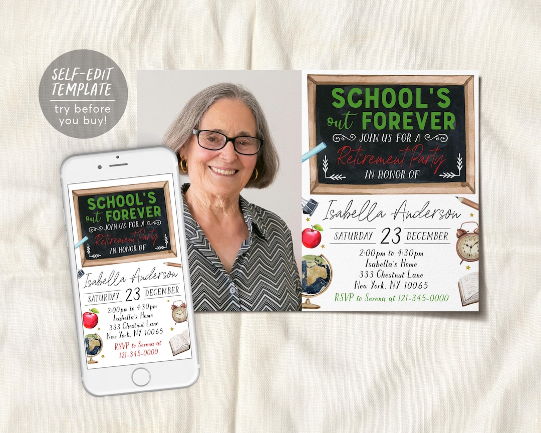 Teacher Retirement Invitation With Photo Editable Template, School's ...