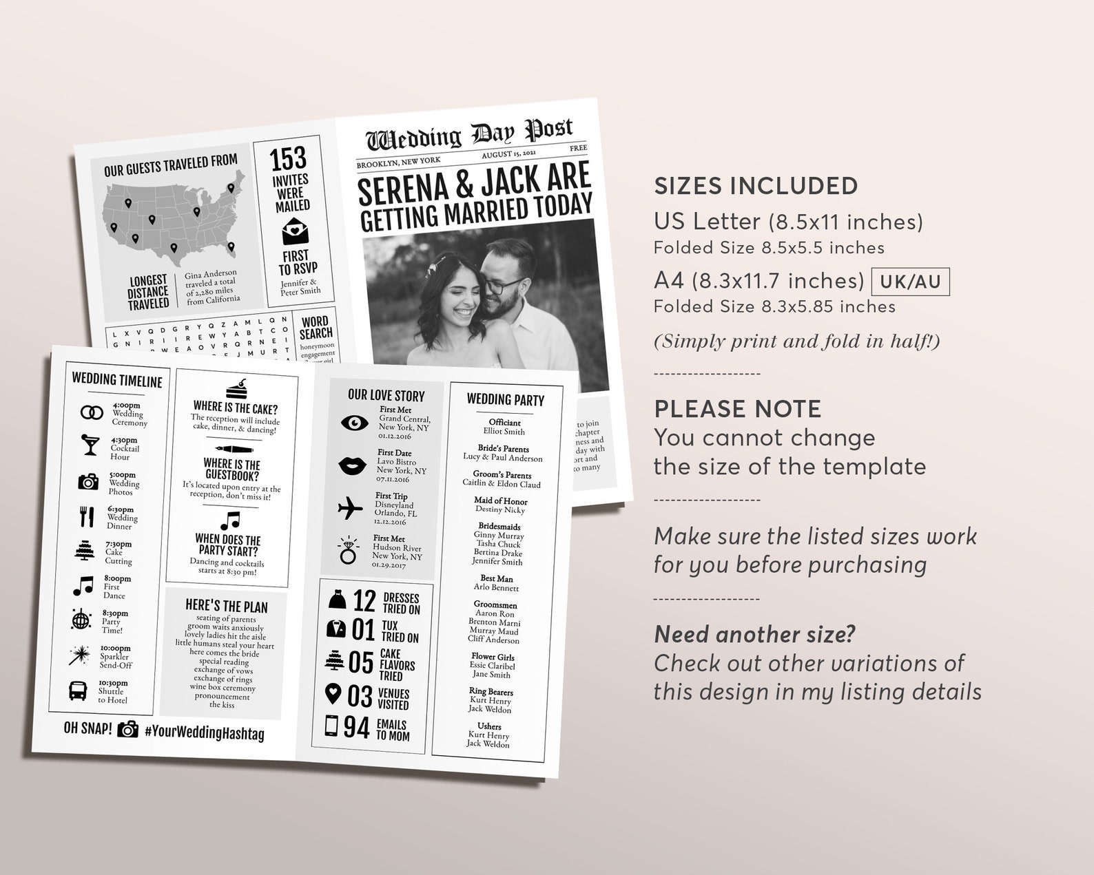 Mini Newspaper Wedding Program Template, Editable Timeline Printable ...