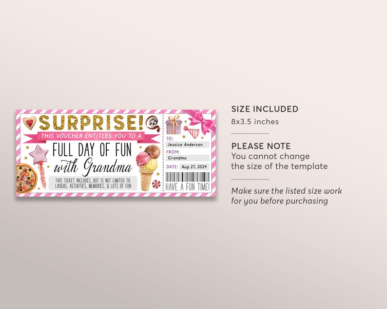 Fun Day Ticket Editable Template, Surprise Day of Fun With Grandma Gift ...