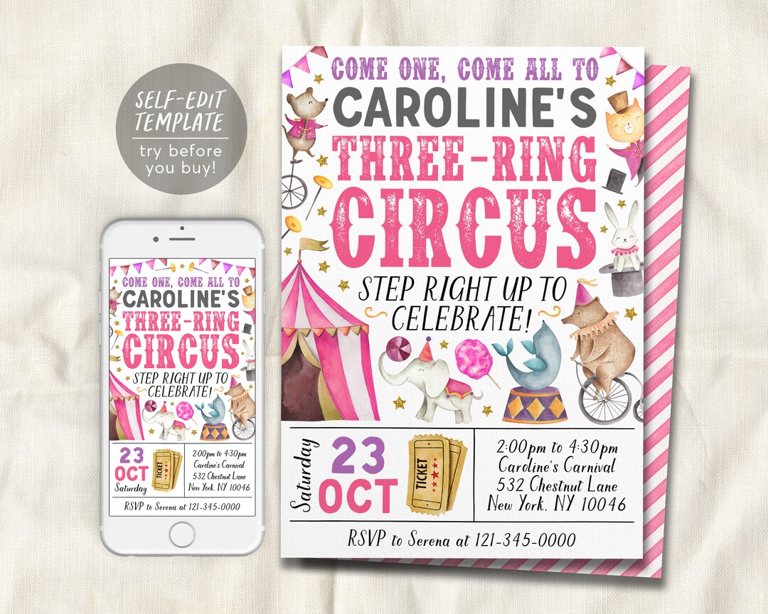 Circus 3rd Birthday Invitation Editable Template, Three Ring Circus ...