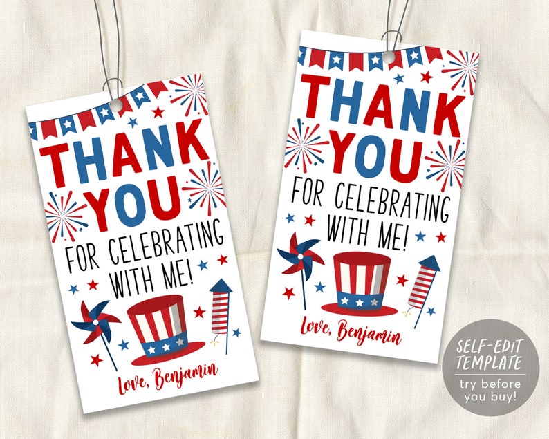 4th of July Birthday Party Thank You Tags Editable Template, Patriotic ...