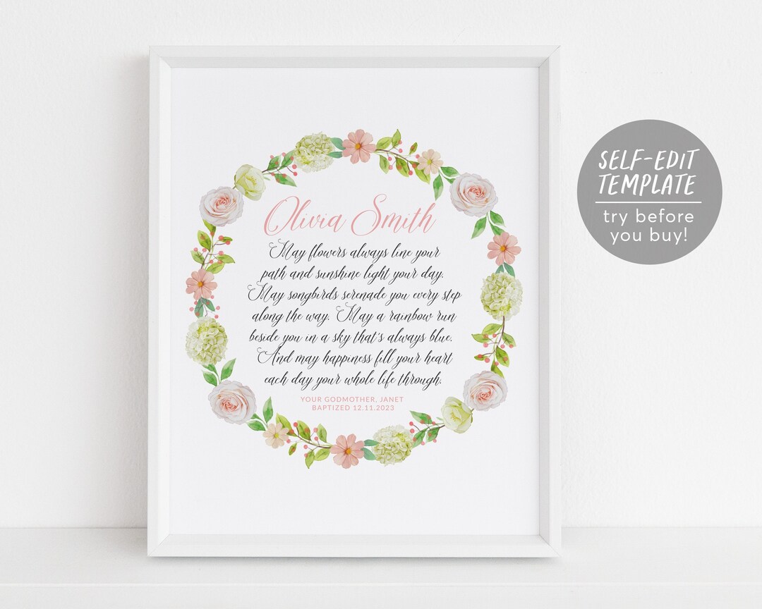 Editable Goddaughter Poem Floral Wreath Template, Godchild Girl Baptism ...