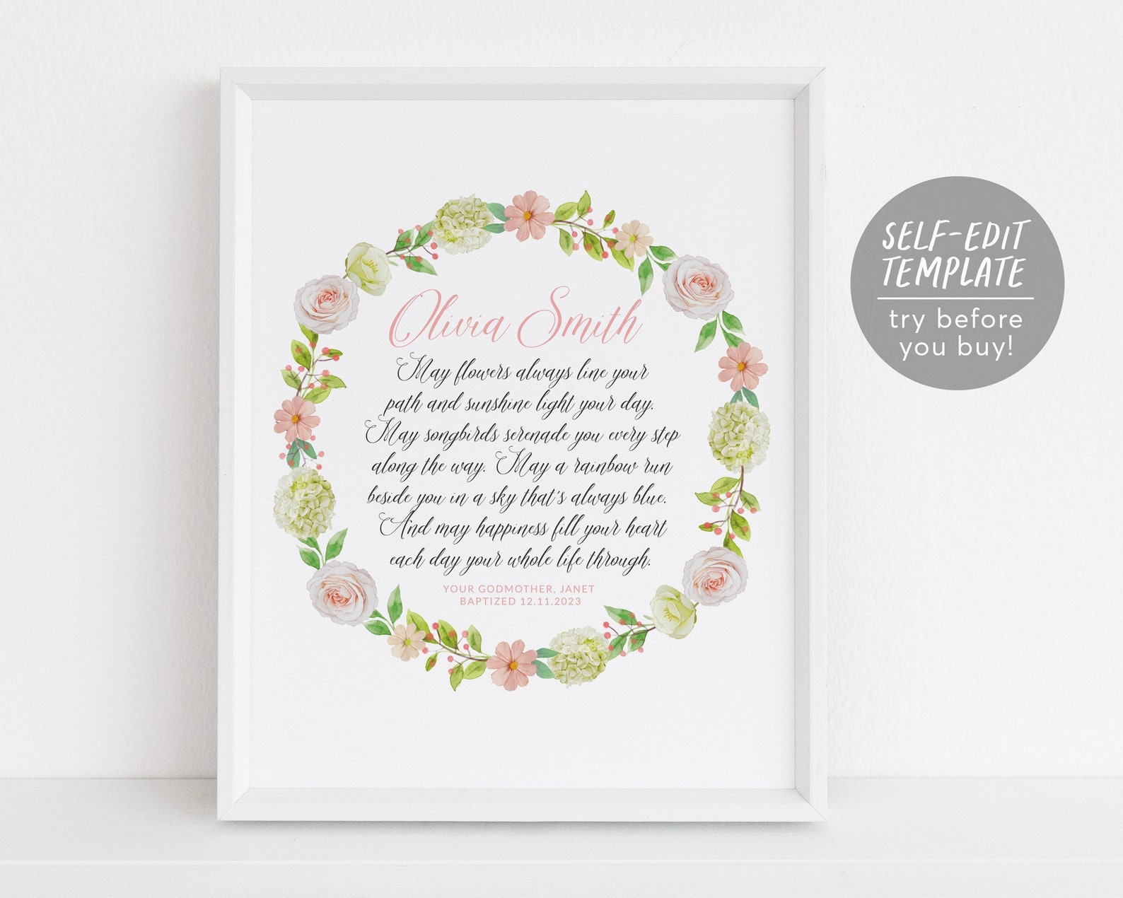 Editable Goddaughter Poem Floral Wreath Template Godchild - Etsy
