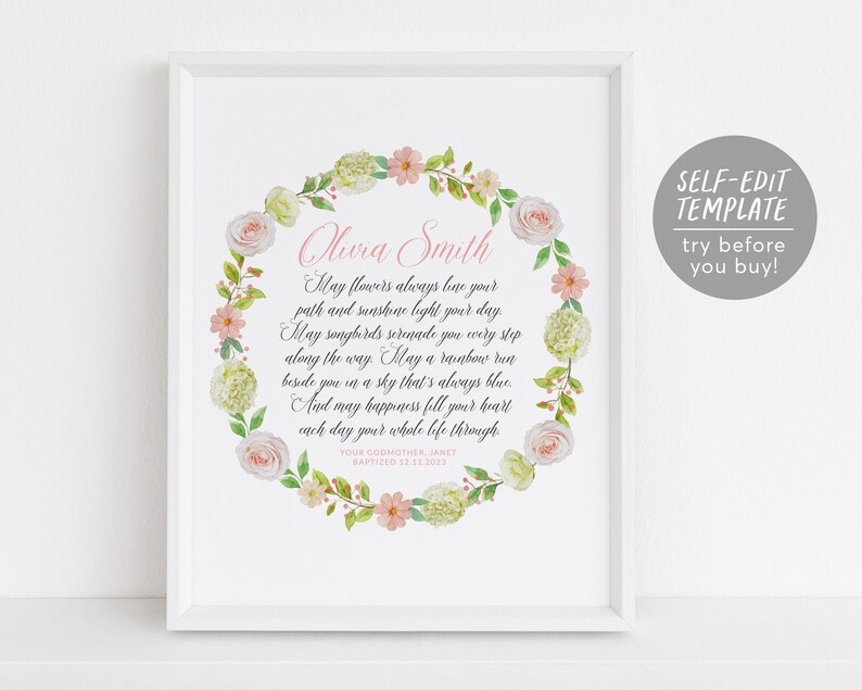 Editable Goddaughter Poem Floral Wreath Template Godchild - Etsy