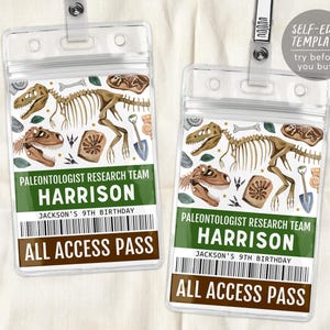 Dinosaur Party ID Badge VIP Pass Editable Template, Paleontologist Dig ...