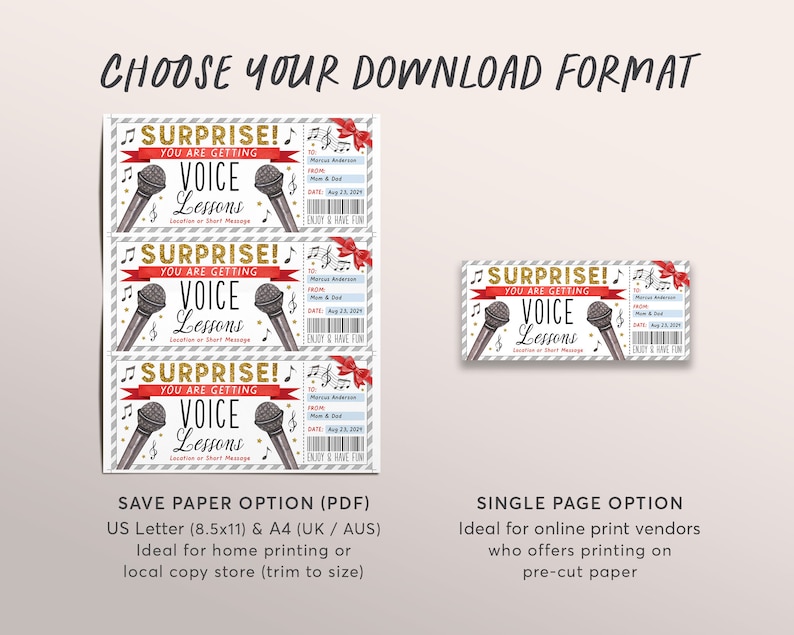 Voice Lessons Gift Certificate Editable Template, Surprise Singing ...