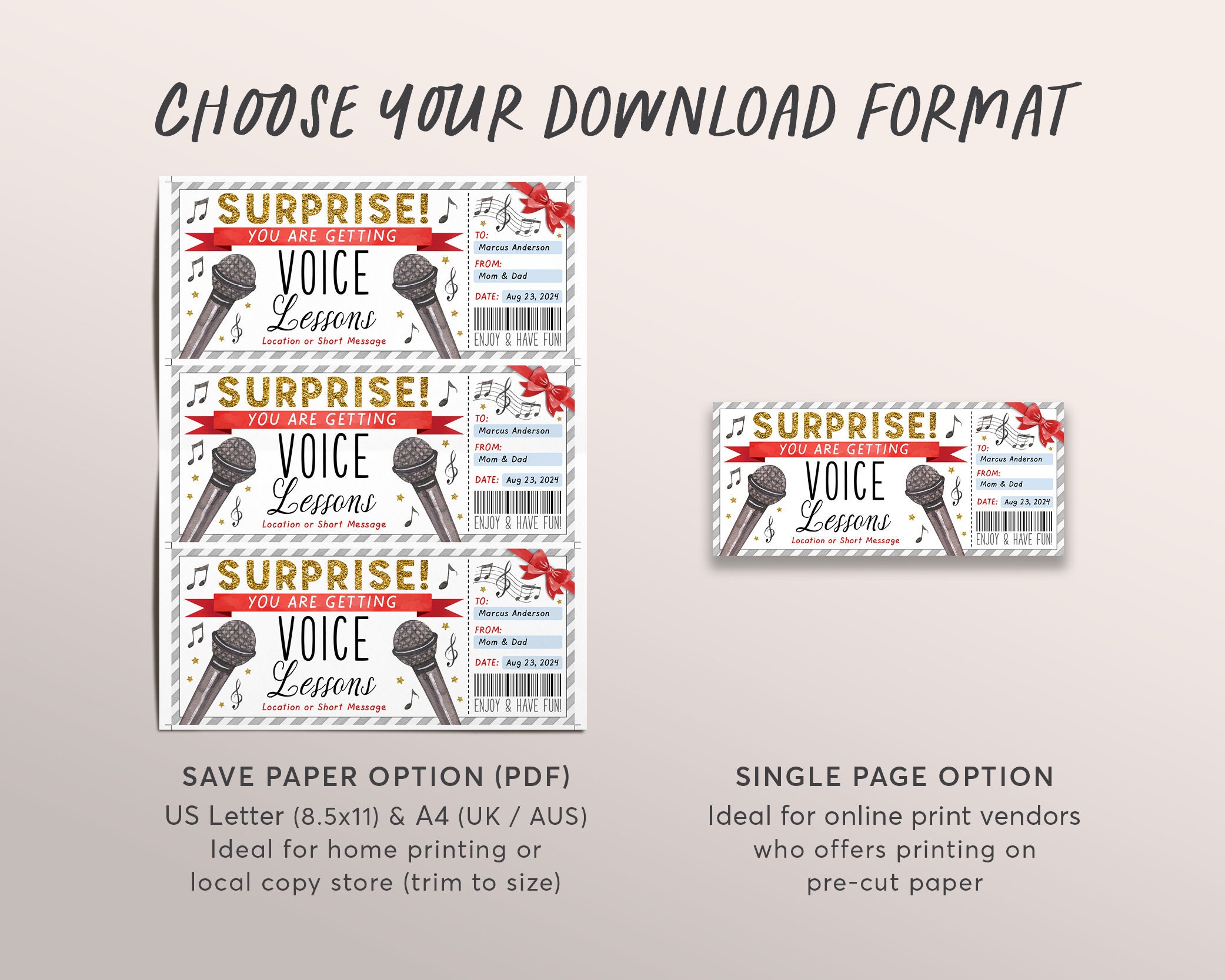 Voice Lessons Gift Certificate Editable Template, Surprise Singing ...
