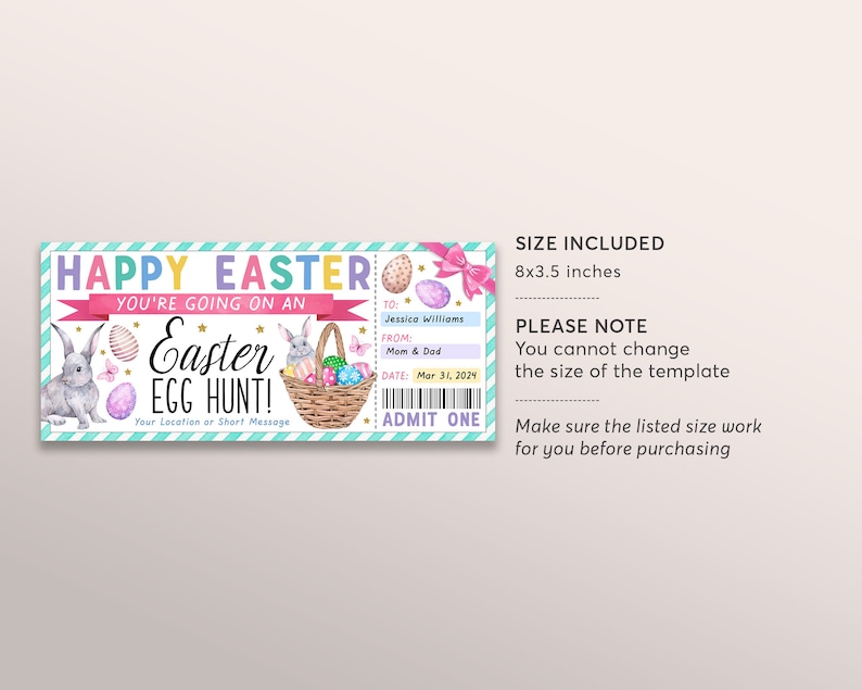 Easter Egg Hunt Ticket Editable Template, Surprise Easter Egg Hunt Gift ...