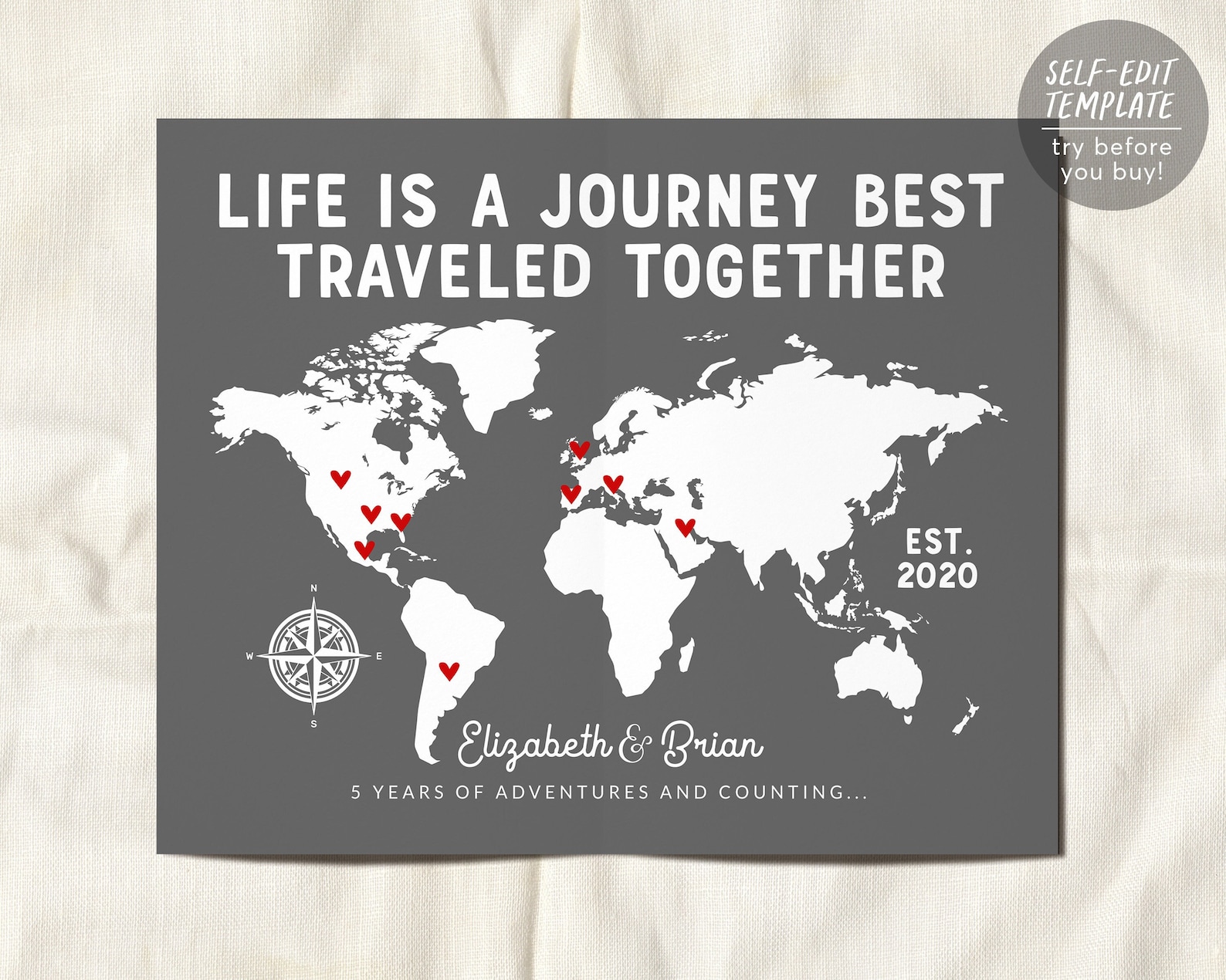 Editable Couples Travel Map Print Template, Life is a Journey Best ...