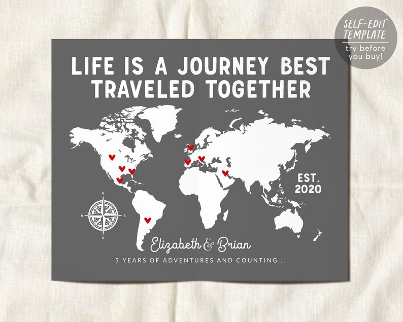 Editable Couples Travel Map Print Template Life is a Journey | Etsy
