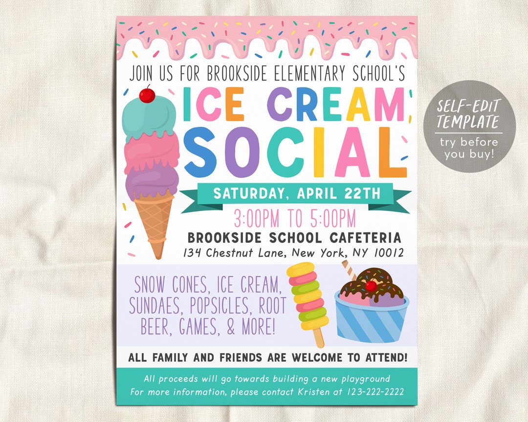 Ice Cream Social Flyer Editable Template Teacher Appreciation - Etsy