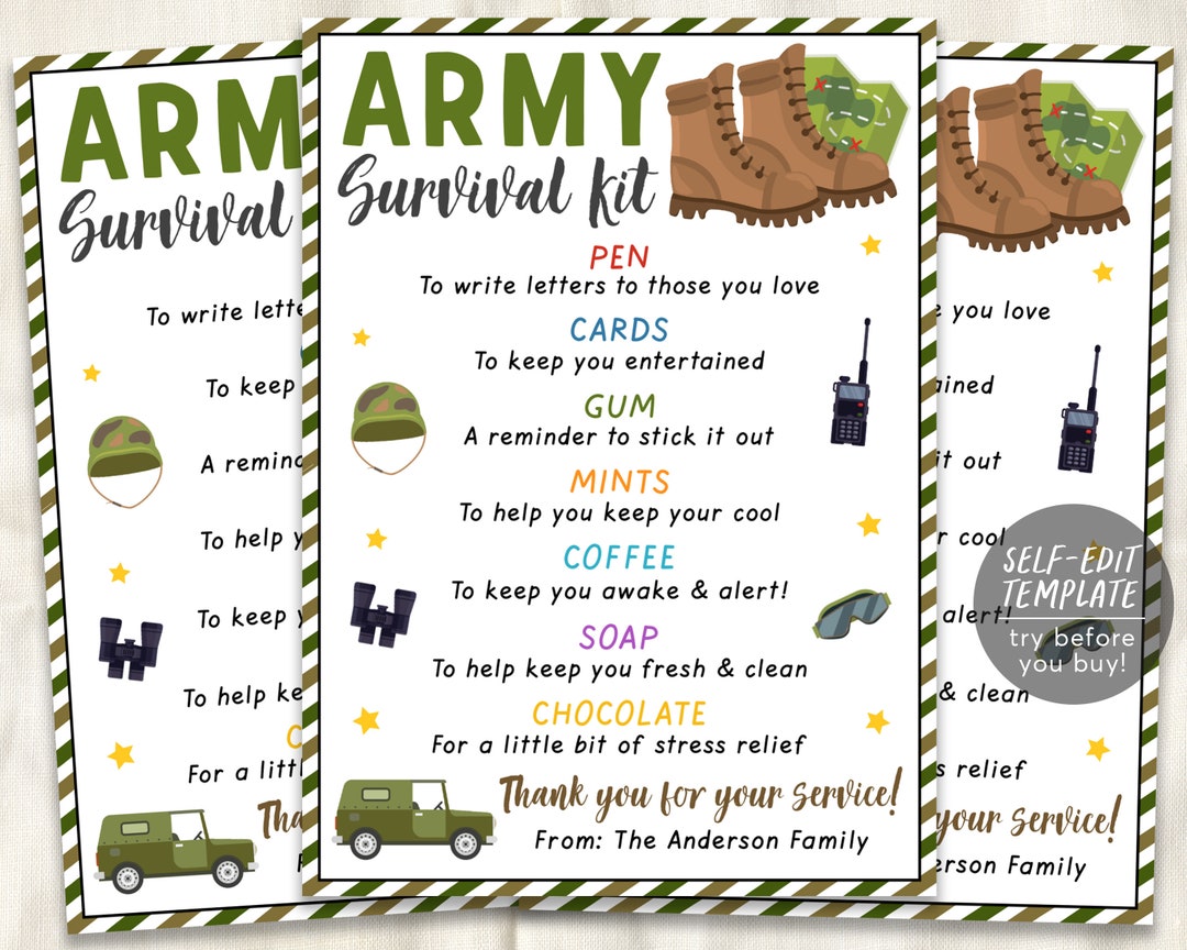 Army Survival Kit Gift Tags Editable Template, Soldier Boot Camp Army ...