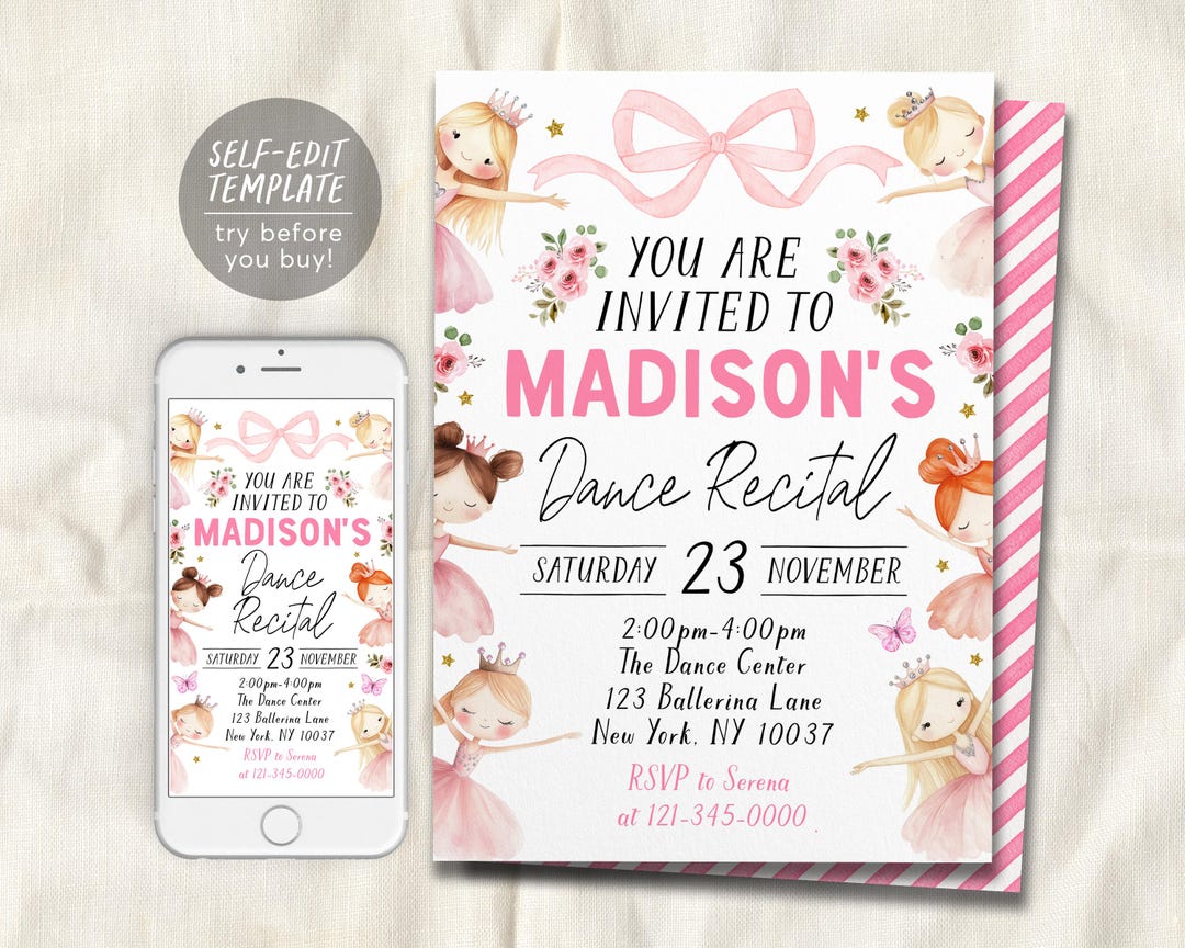 Ballet Recital Invitation Editable Template, Dance Recital Invite, Pink ...