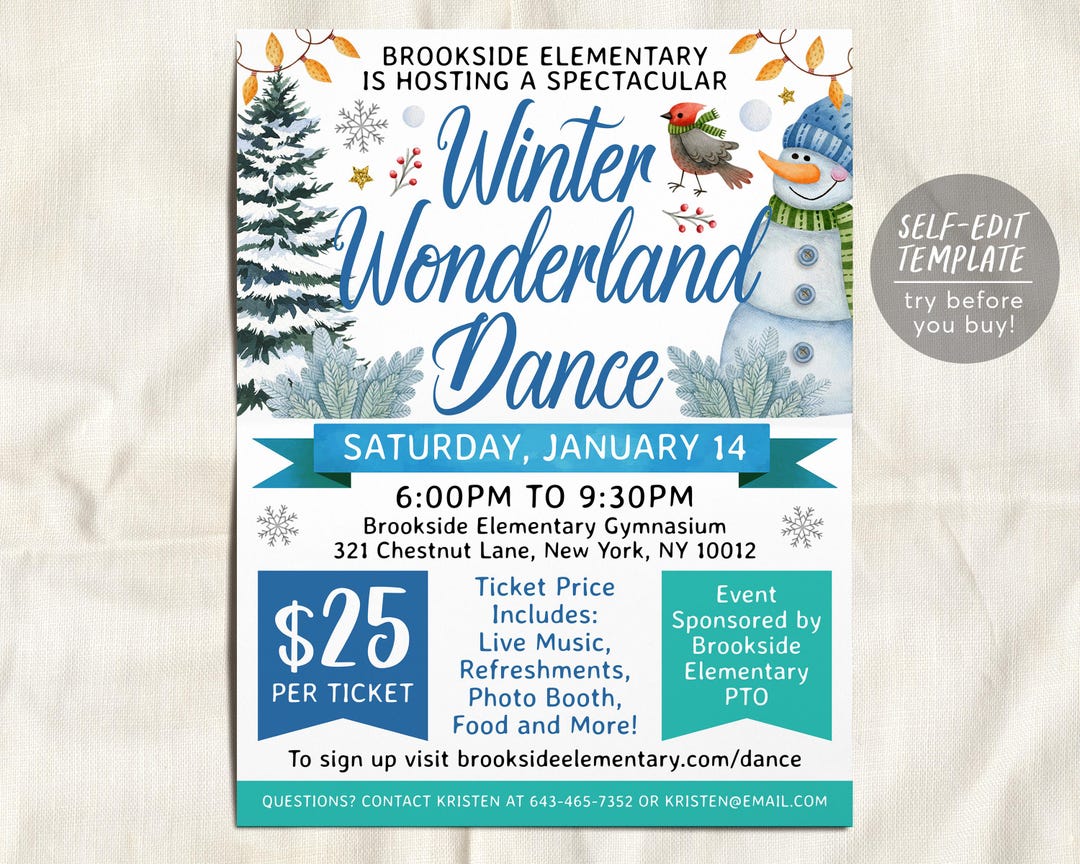 Winter School Dance Flyer Editable Template, Christmas Winter ...