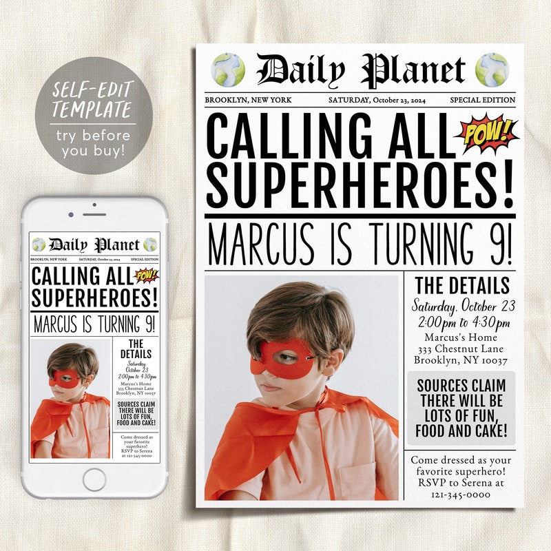 Superhero Newspaper Invitation - Etsy