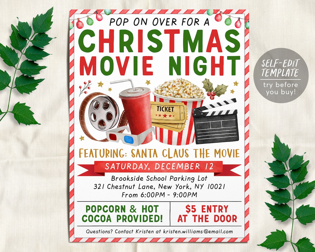 Christmas Movie Night Flyer Editable Template, Holiday Cinema Party ...
