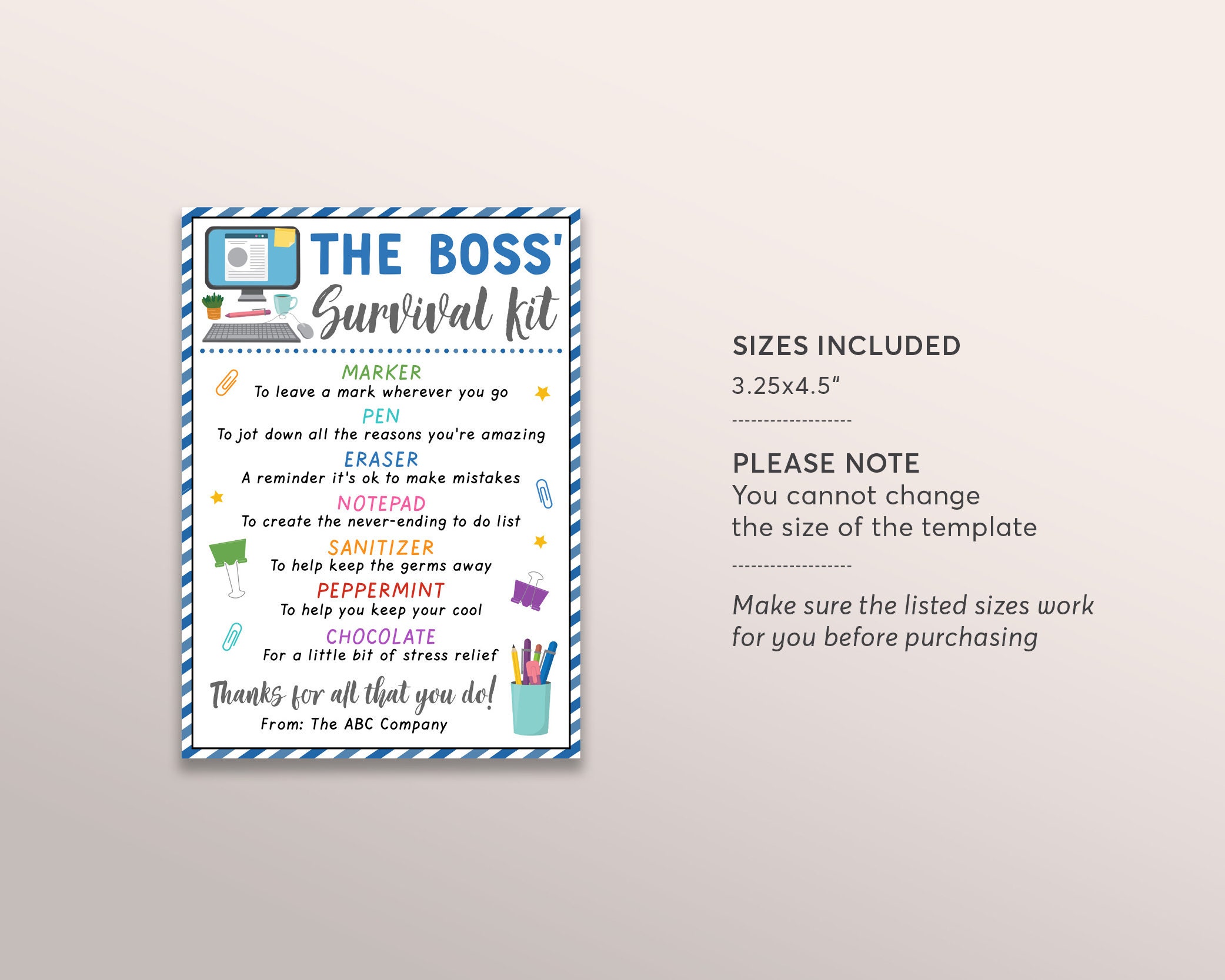 Boss Survival Kit Gift Tags Editable Template, Boss Appreciation Day ...