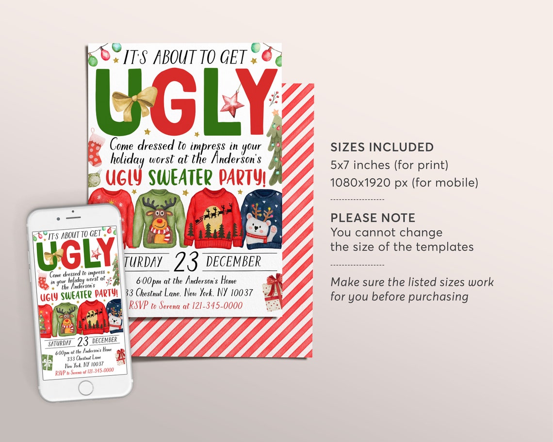 Ugly Sweater Christmas Party Invitation Editable Template, It's About ...