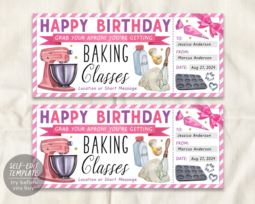 Baking Classes Gift Certificate Ticket Editable Template, Birthday ...