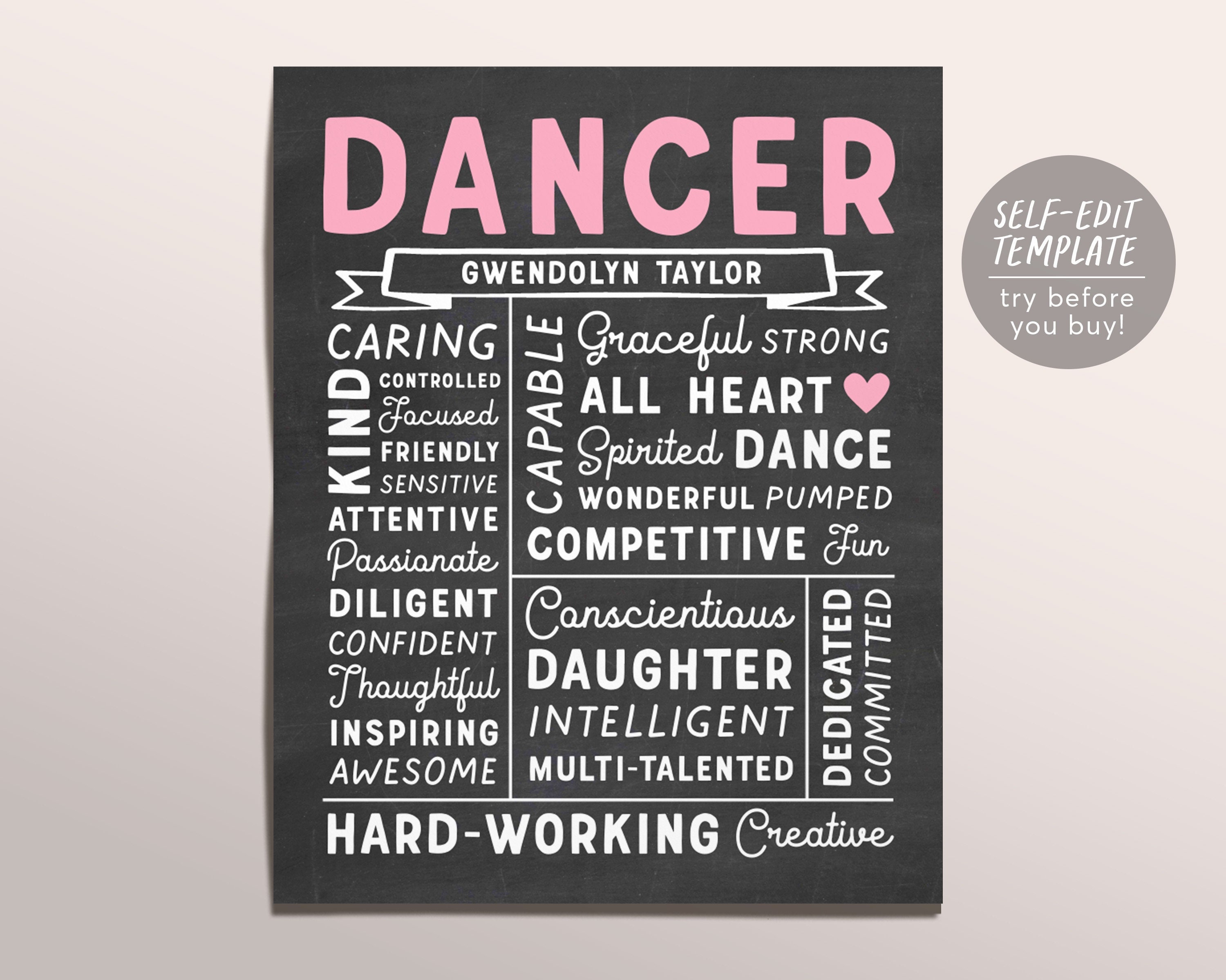 Editable Dancer Chalkboard Gift Print Template, Ballet Ballerina Dance ...
