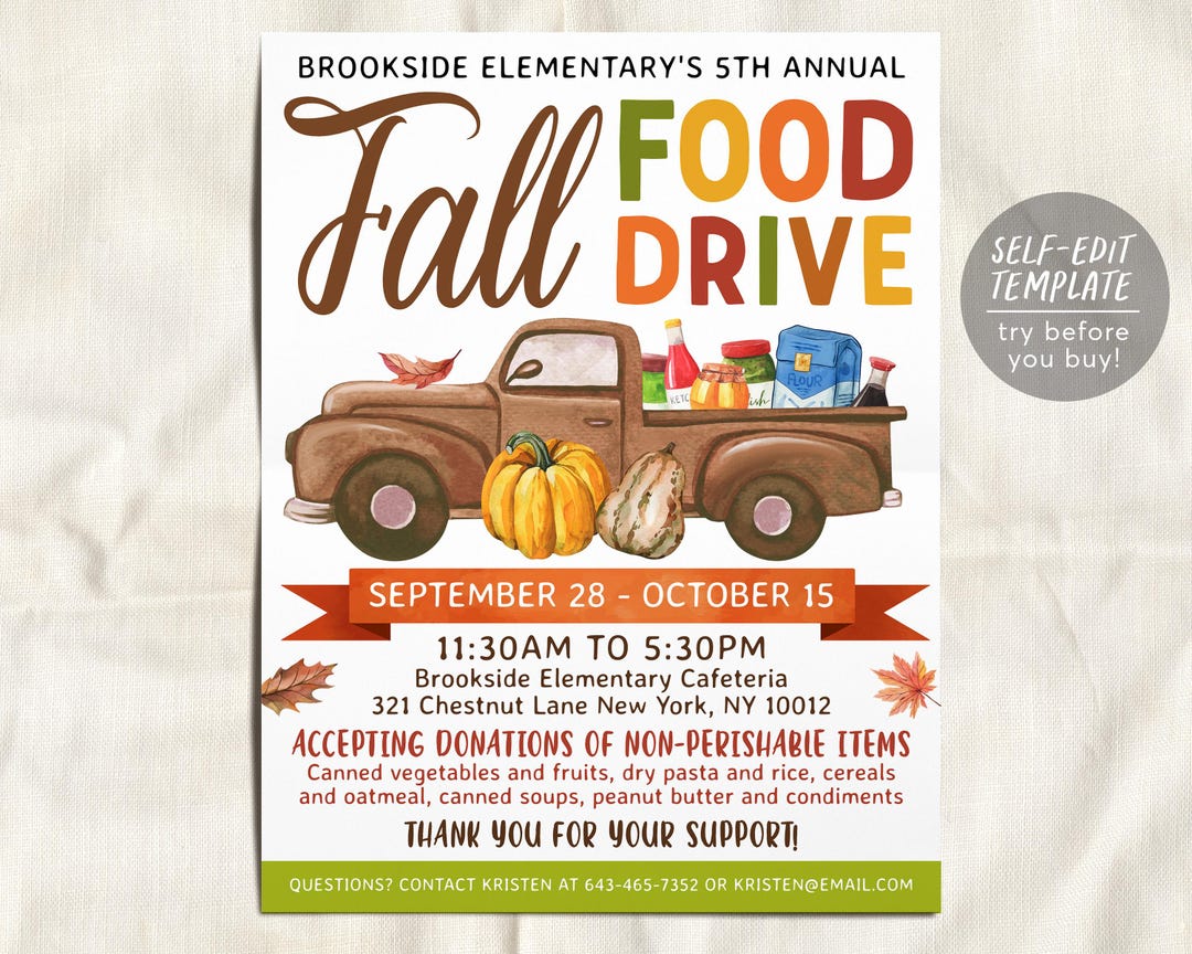 Fall Food Drive Flyer Editable Template, Thanksgiving Donation Drive ...