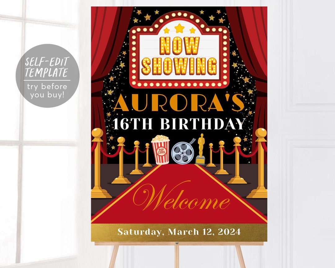Red Carpet Movie Night Birthday Welcome Sign Editable Template ...