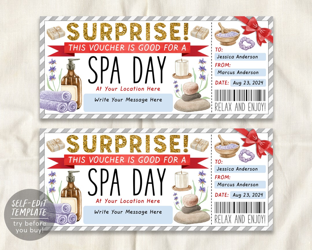 Spa Day Gift Voucher Ticket Editable Template, Surprise Spa Treatment ...