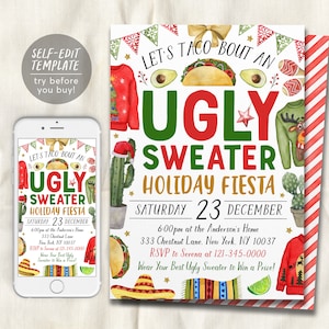 Ugly Sweater Fiesta Christmas Invitation Editable Template, Taco 'bout ...