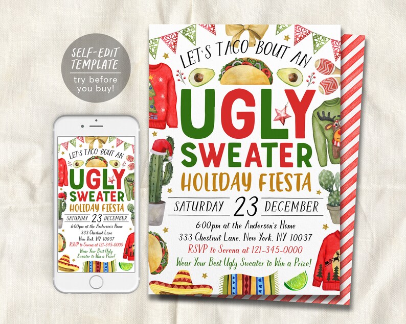 Ugly Sweater Fiesta Christmas Invitation Editable Template, Taco 'bout ...